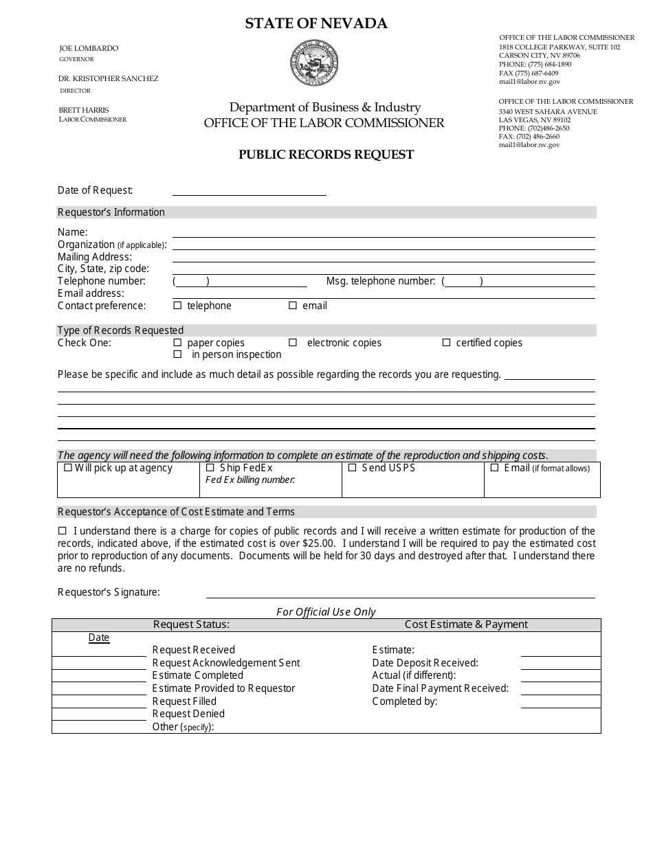 Nevada Public Records Request - Fill Out, Sign Online and Download PDF ...