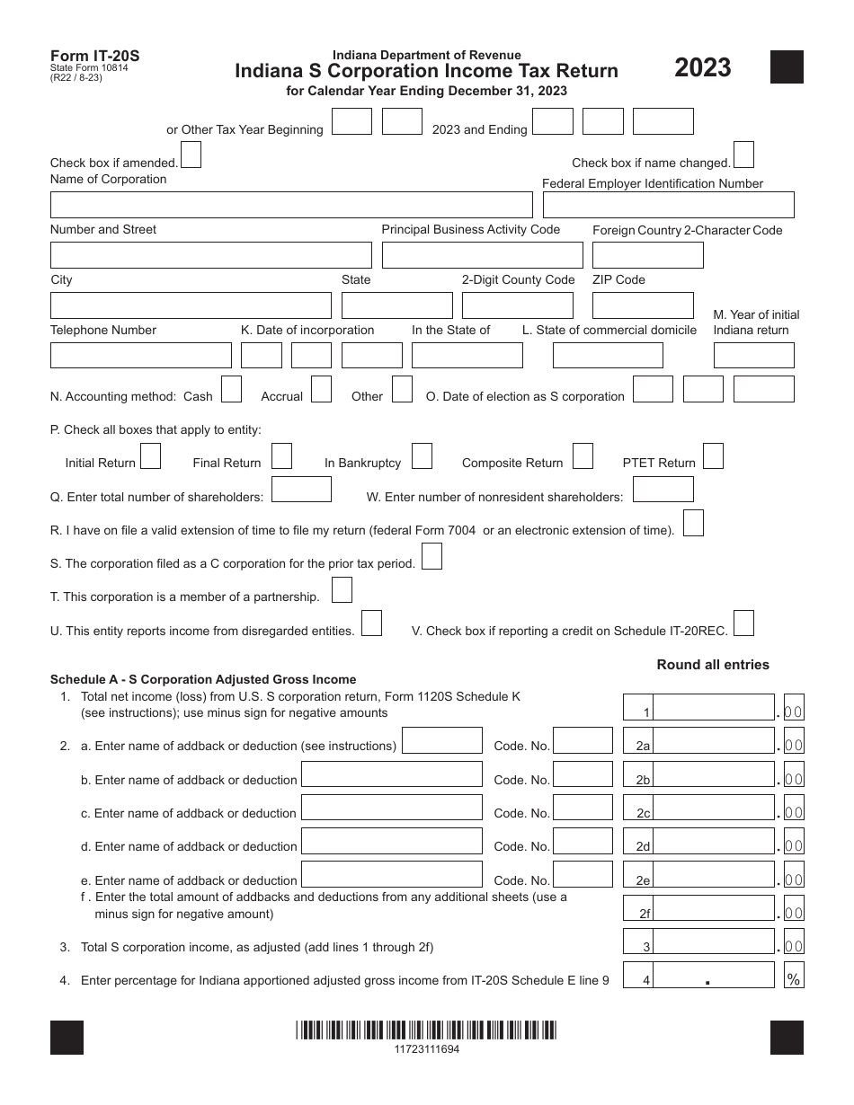 Form IT-20S (State Form 10814) Download Fillable PDF or Fill Online ...