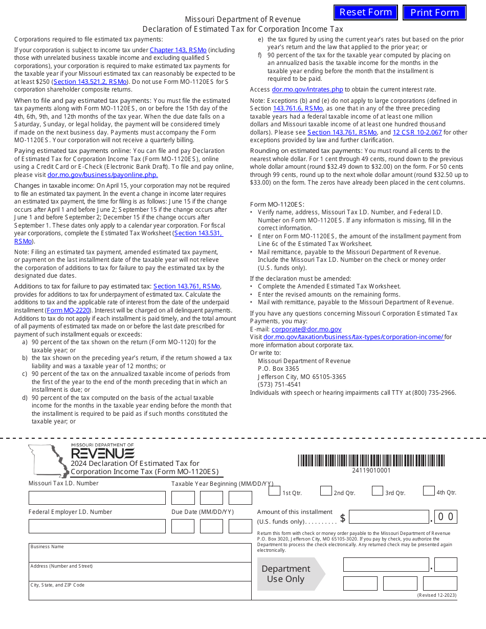 Form MO-1120ES Download Fillable PDF or Fill Online Declaration of ...
