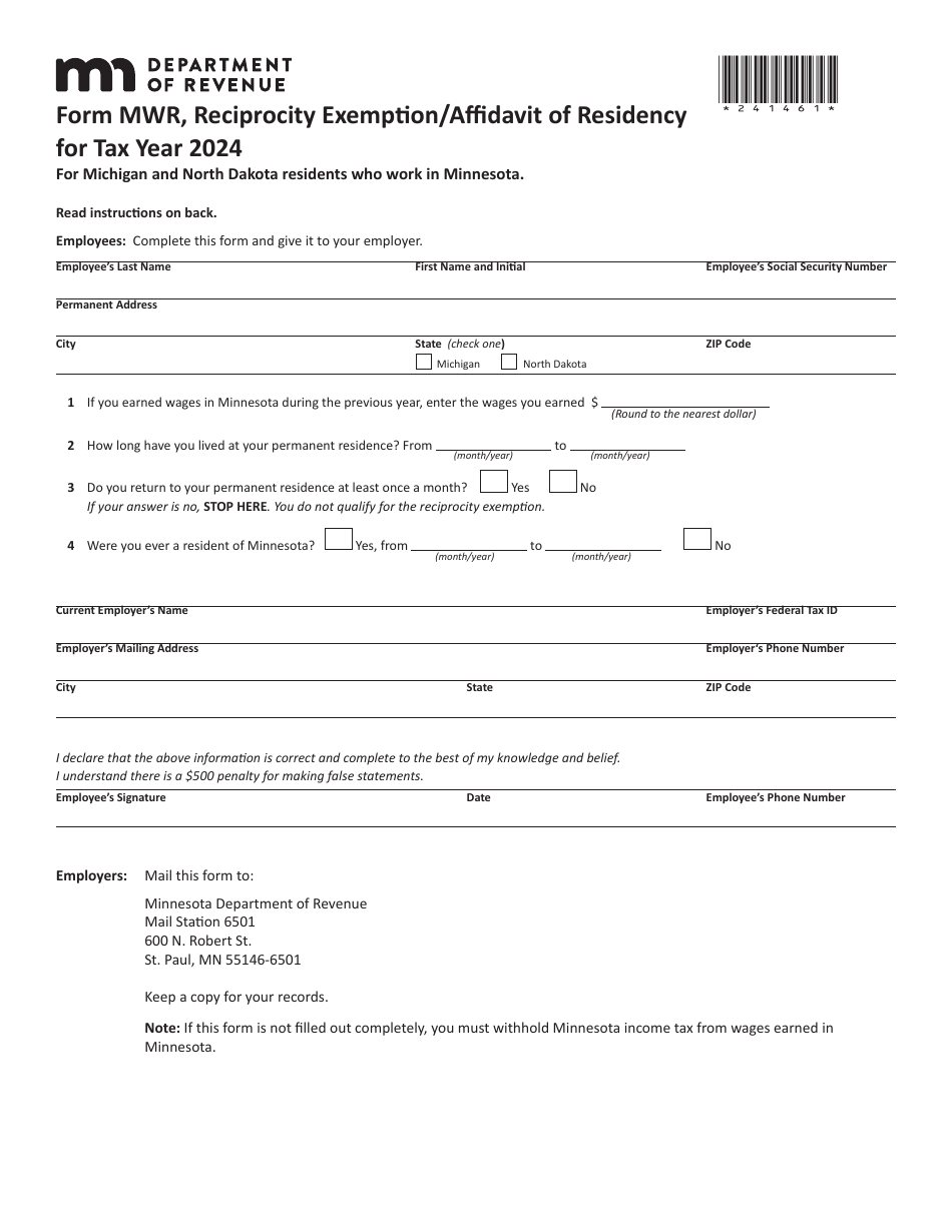 Form MWR Download Fillable PDF or Fill Online Reciprocity Exemption ...