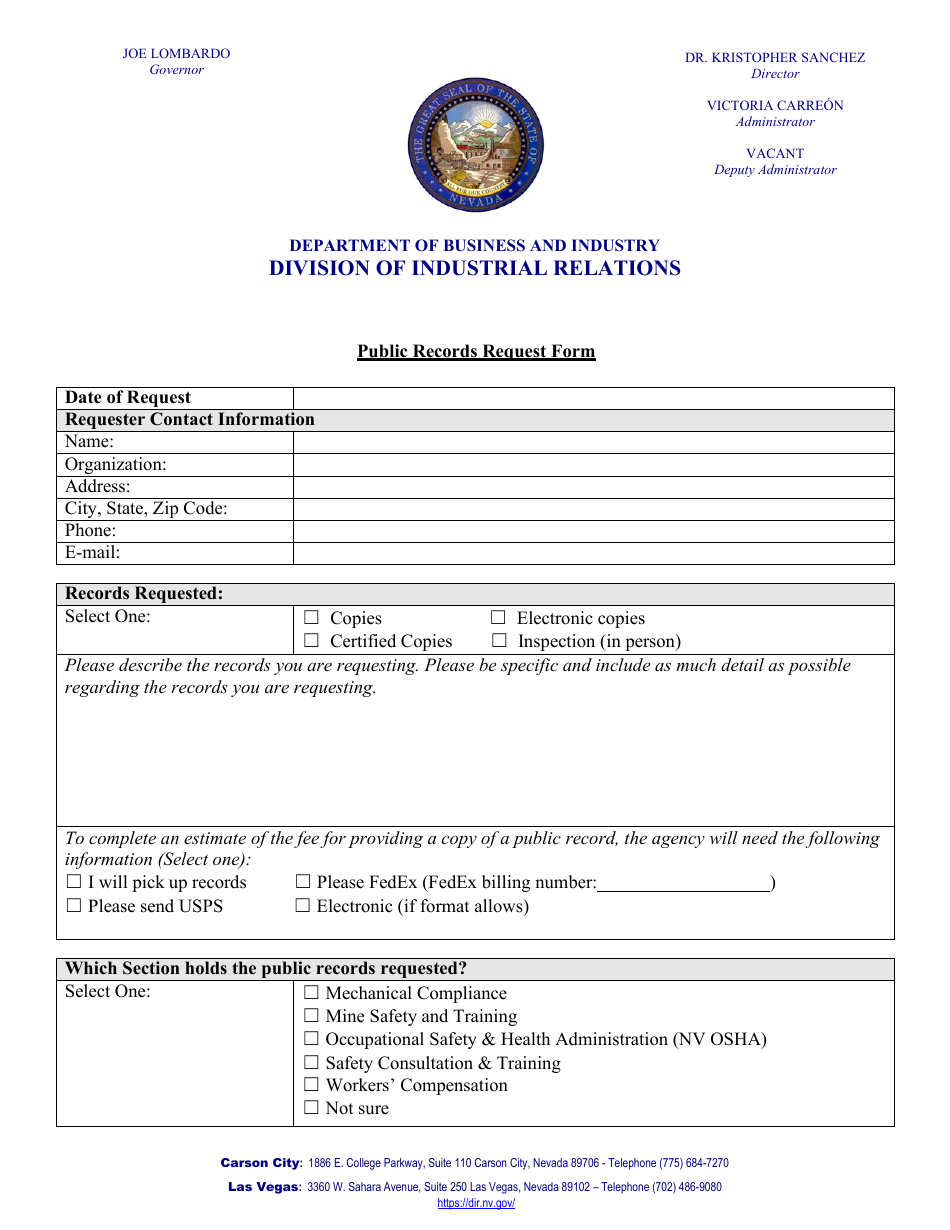 Nevada Public Records Request Form - Fill Out, Sign Online and Download ...
