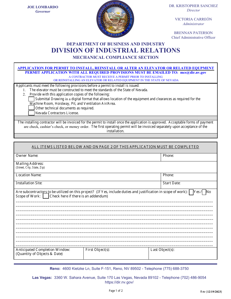 Nevada Application for Permit to Install, Reinstall or Alter an ...