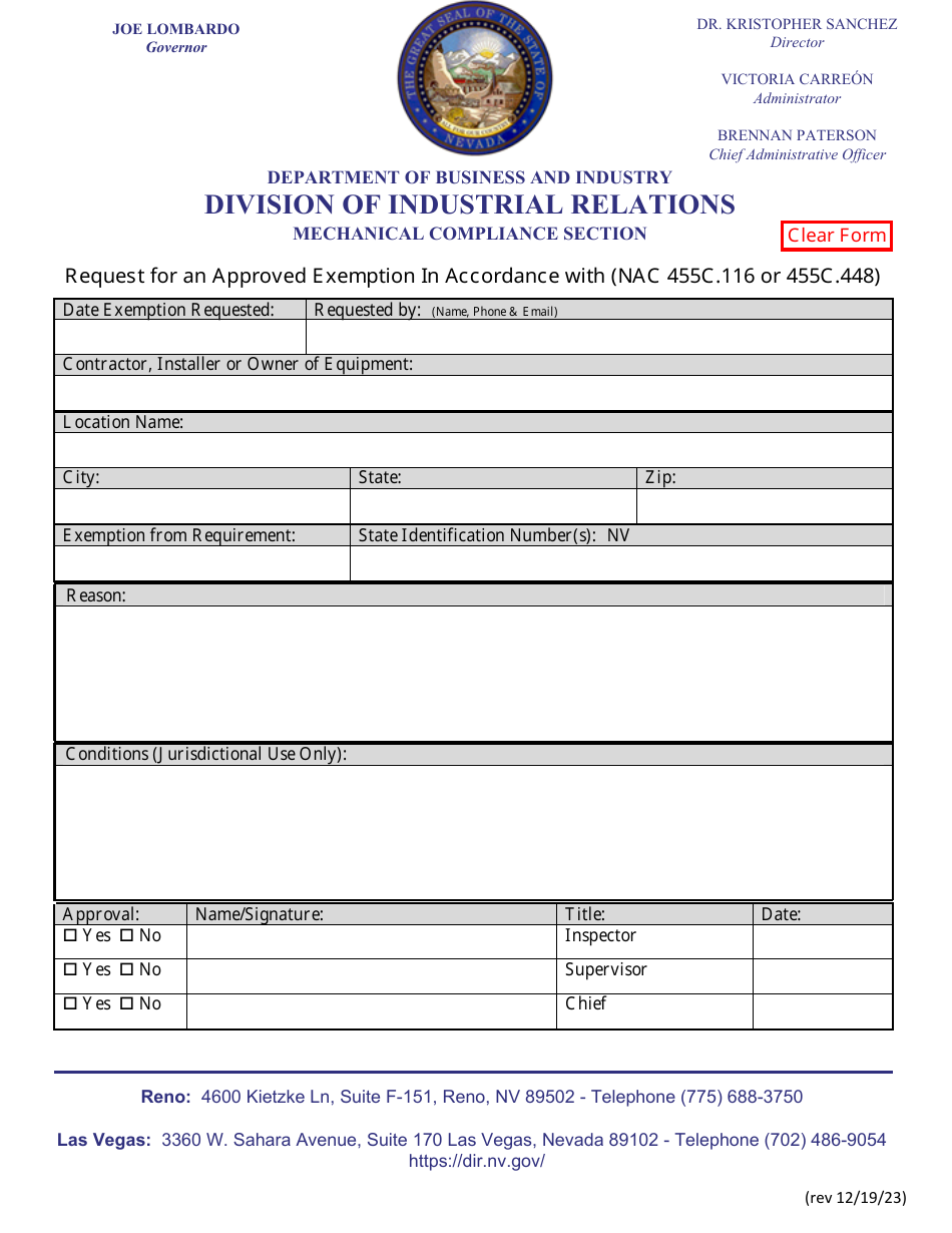 Nevada Request for an Approved Exemption in Accordance With (Nac 455c ...