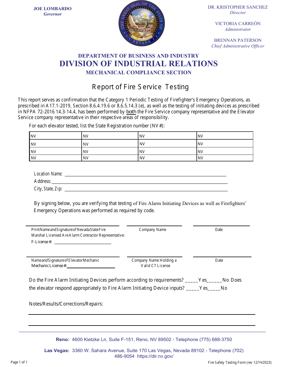 Nevada Report of Fire Service Testing Download Fillable PDF ...