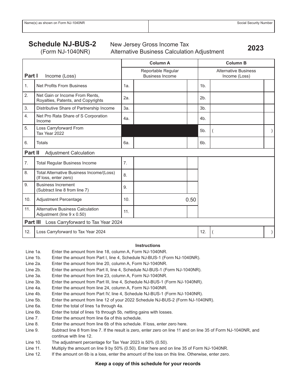 Form NJ-1040NR Schedule NJ-BUS-2 Download Fillable PDF or Fill Online ...