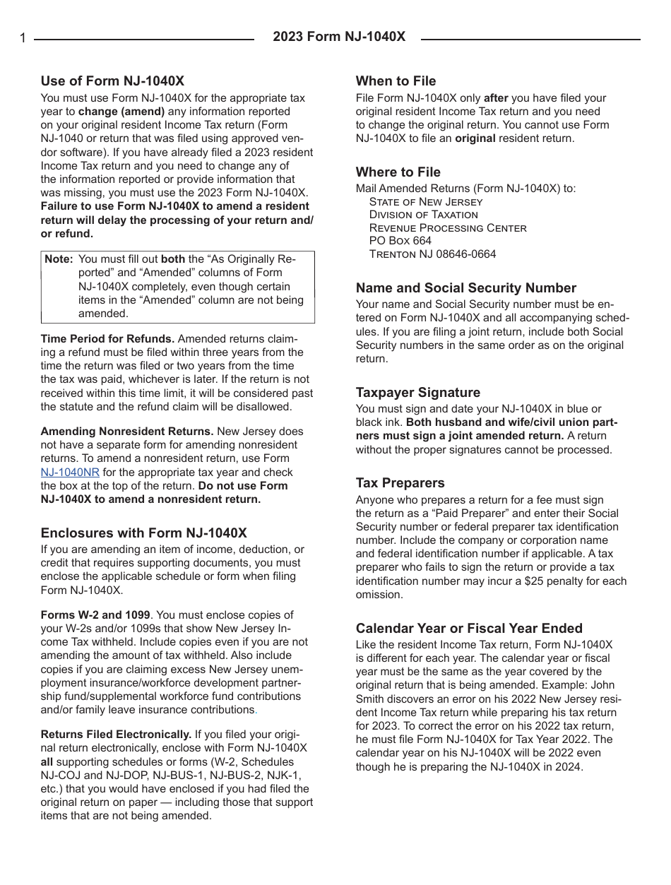 Download Instructions for Form NJ-1040X New Jersey Amended Resident ...