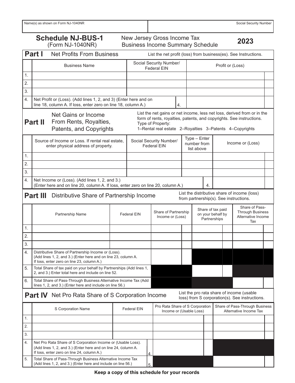 Form NJ-1040NR Schedule NJ-BUS-1 Download Fillable PDF or Fill Online ...