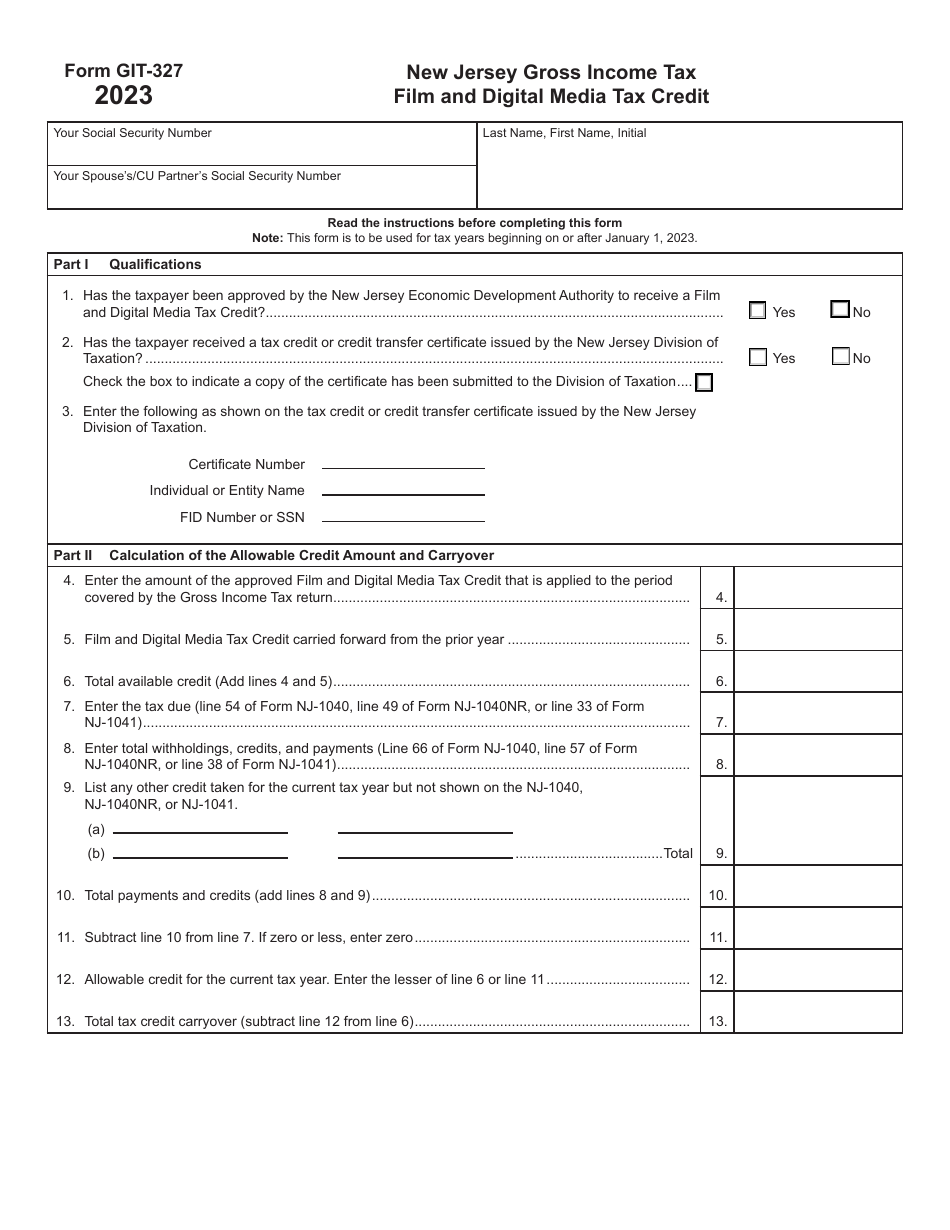 Form GIT-327 Download Fillable PDF or Fill Online Film and Digital ...