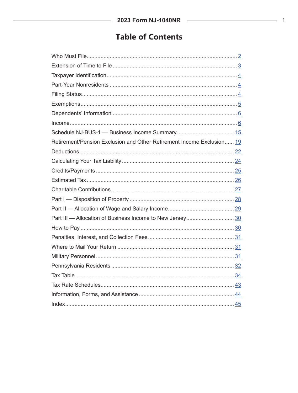 Download Instructions for Form NJ-1040NR New Jersey Nonresident Income ...