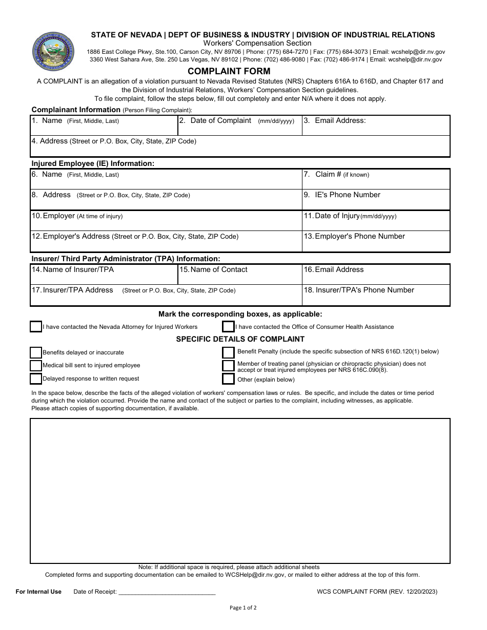 Nevada Wcs Complaint Form Download Fillable PDF 2023 — 2025 | Templateroller