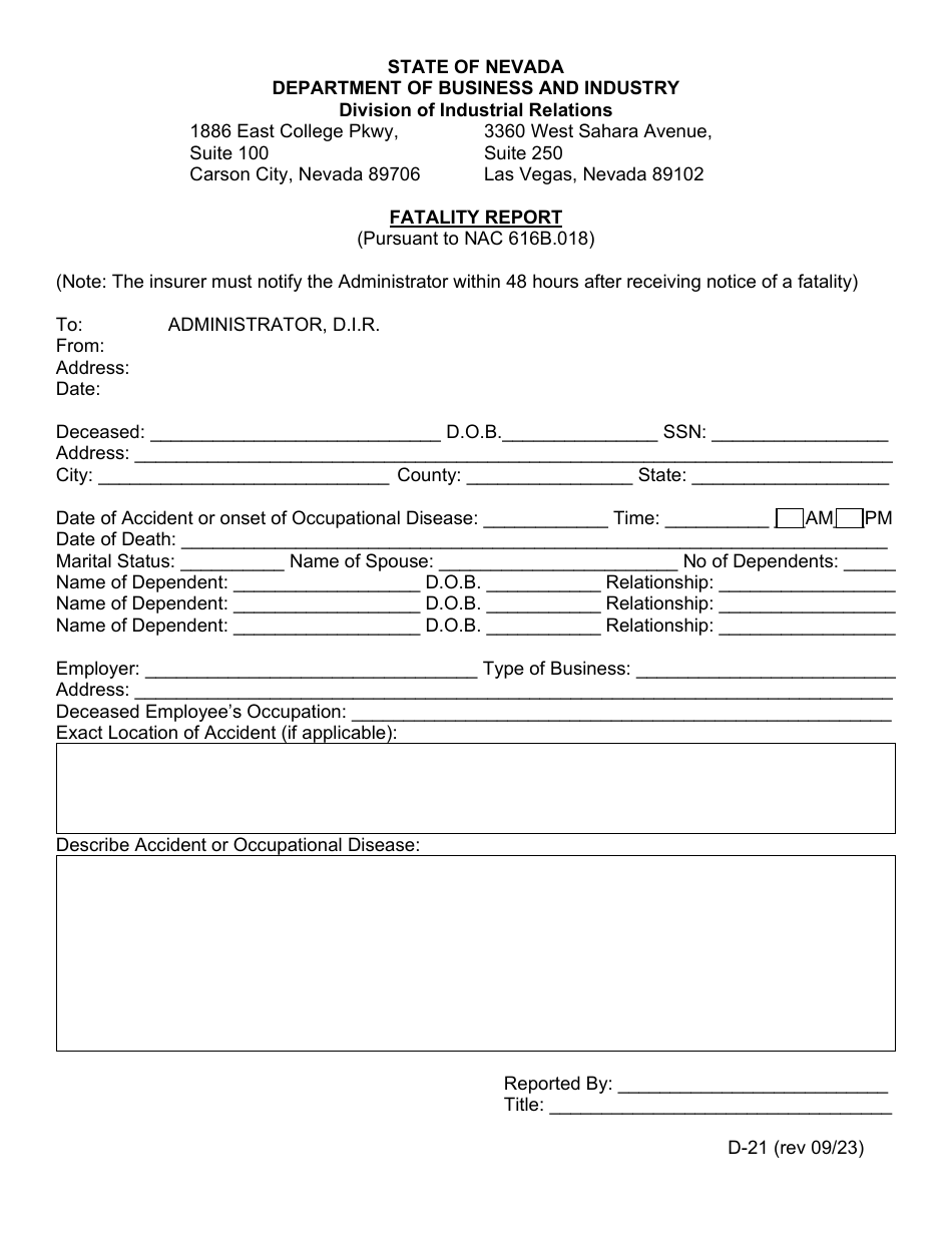 Form D-21 Download Fillable PDF or Fill Online Fatality Report, Nevada ...