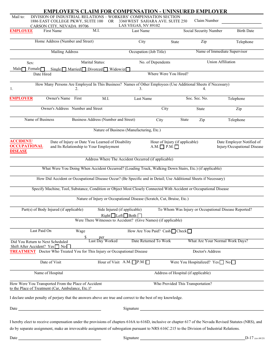 Form D-17 Download Fillable PDF or Fill Online Employee's Claim for ...