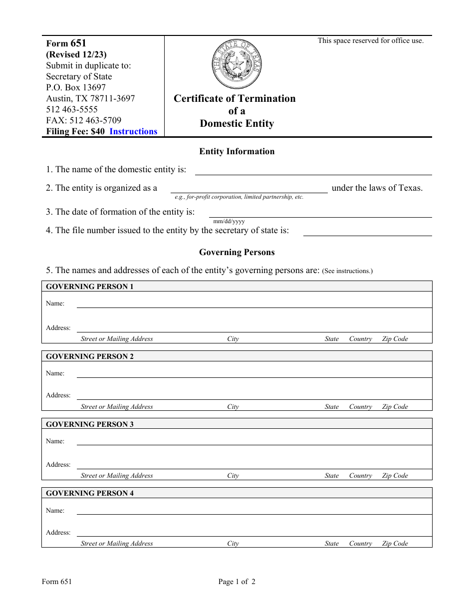 Form 651 Download Fillable PDF or Fill Online Certificate of ...