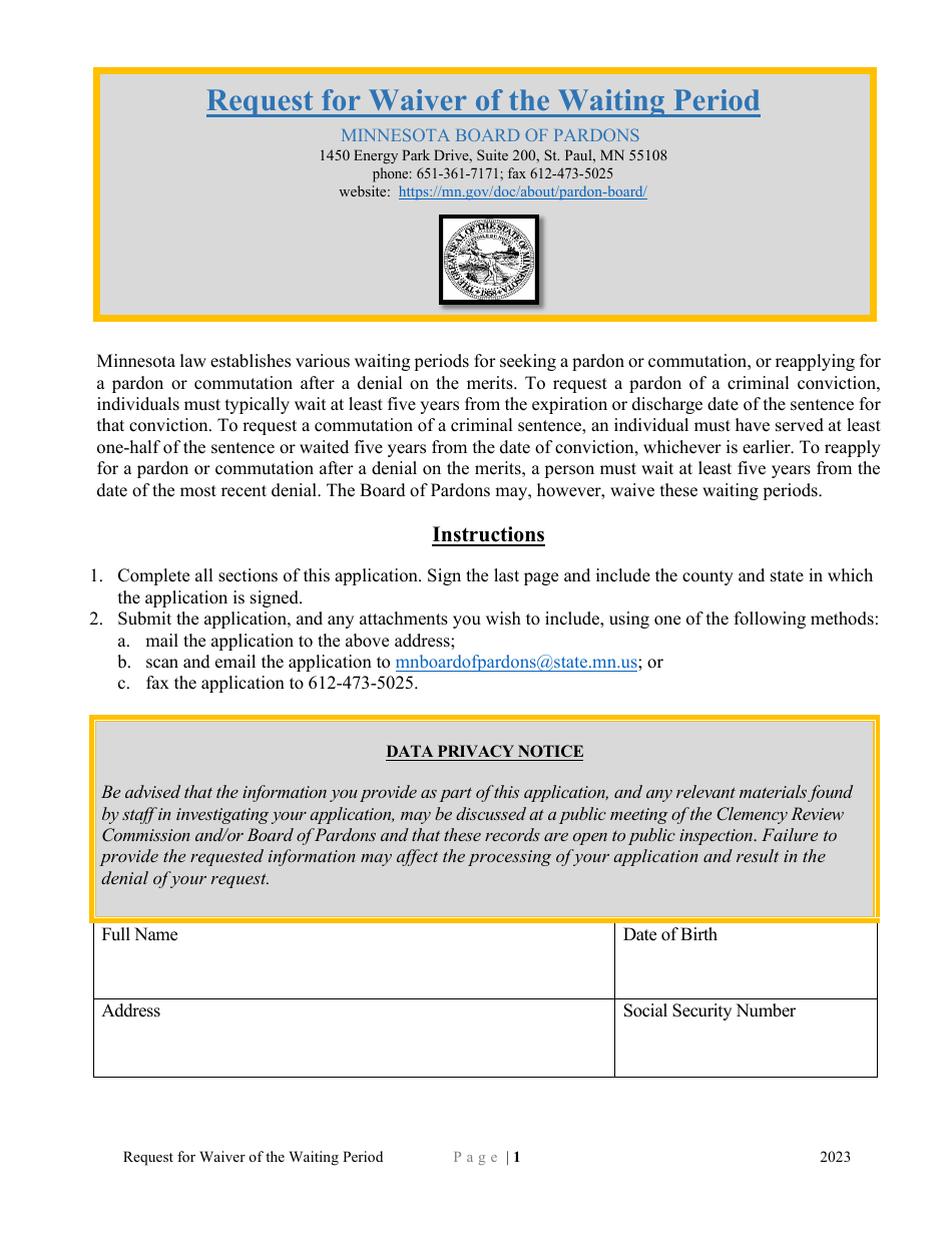 Minnesota Request for Waiver of the Waiting Period Download Fillable ...