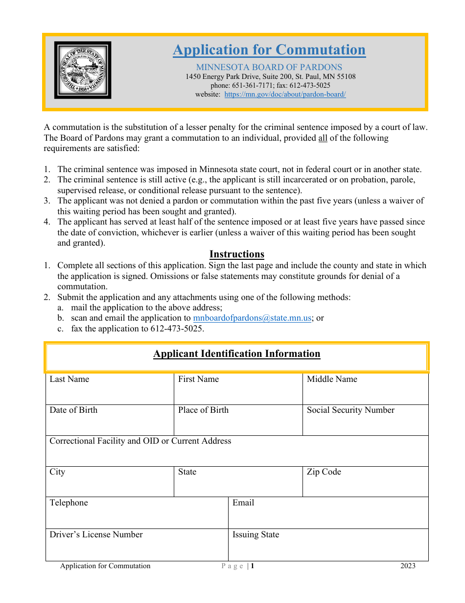 Minnesota Application for Commutation - Fill Out, Sign Online and ...