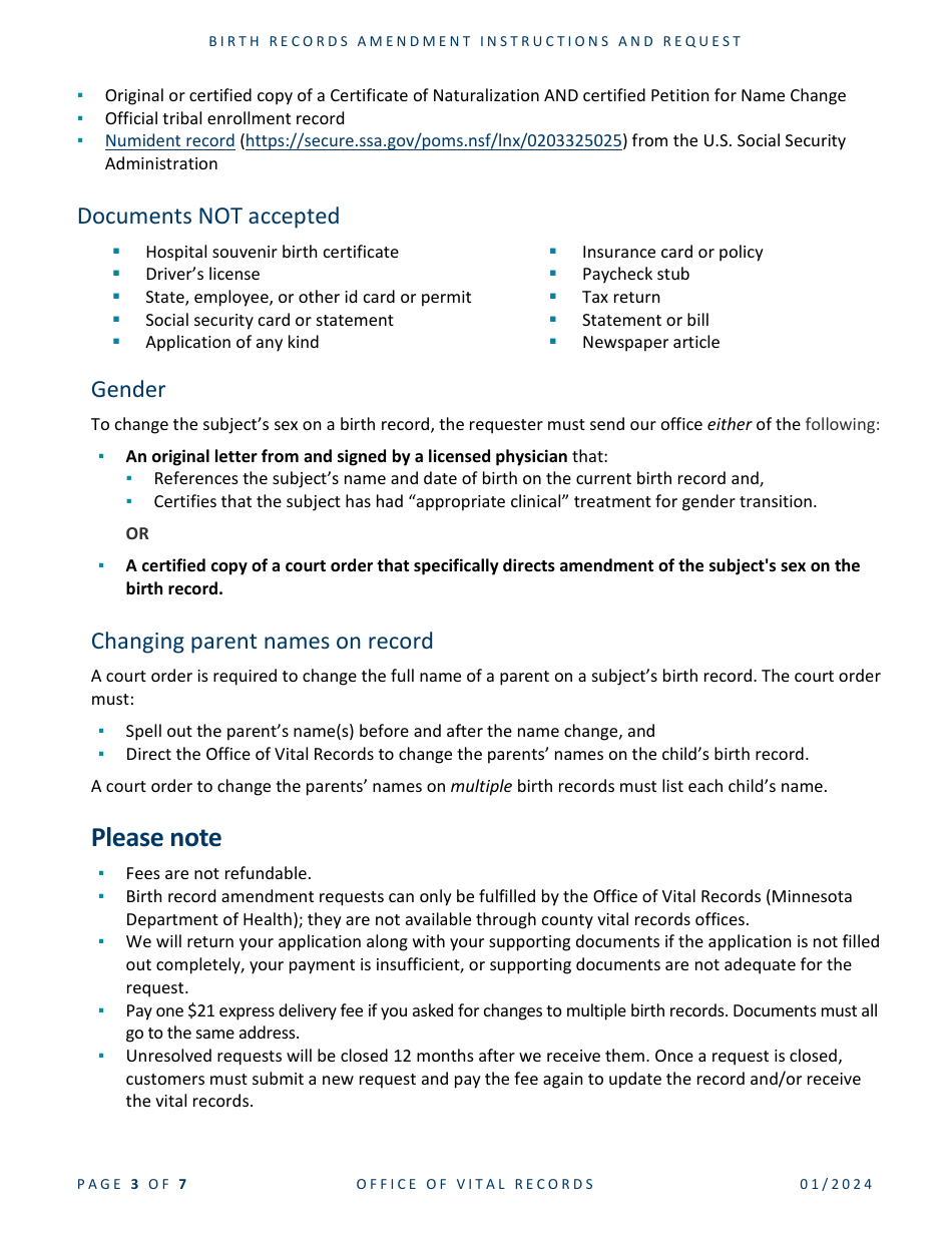 Minnesota Birth Record Amendment Request - Fill Out, Sign Online and Download PDF | Templateroller