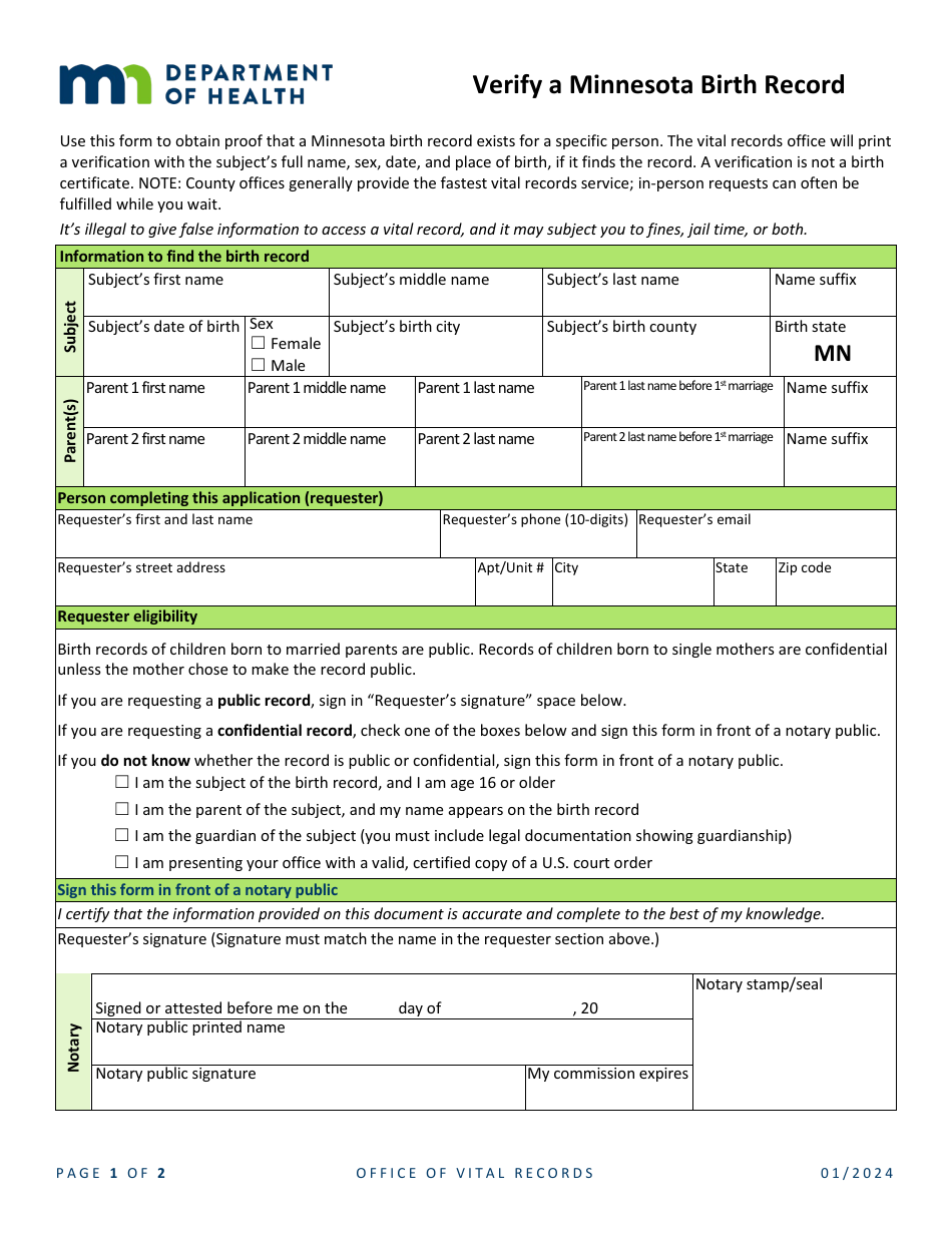 Minnesota Request to Verify a Minnesota Birth Record Download Fillable PDF 2021 — 2024 ...