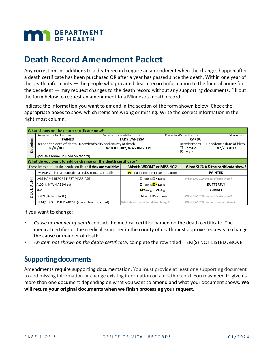 Minnesota Death Record Amendment Request - Fill Out, Sign Online and ...