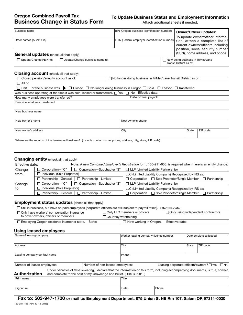 Form 150-211-156 Download Printable PDF or Fill Online Business Change ...