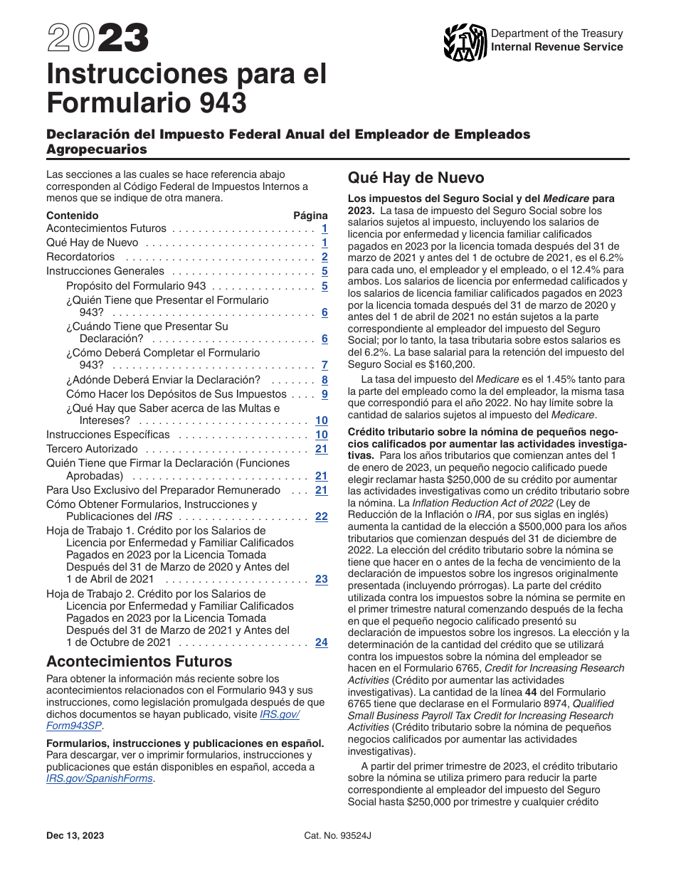 Download Instrucciones para IRS Formulario 943 (SP) Declaracion Del ...