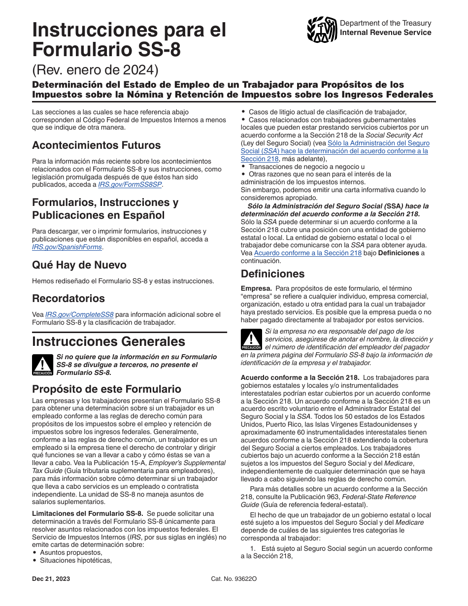 Download Instrucciones para IRS Formulario SS-8 (SP) Determinacion Del ...