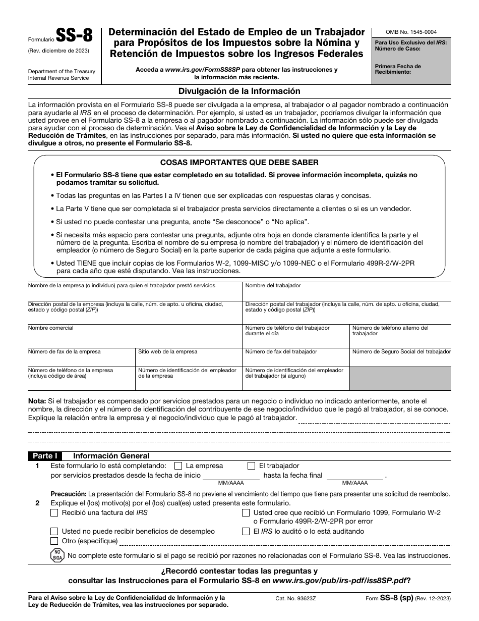 IRS Formulario SS-8 (SP) - Fill Out, Sign Online and Download Fillable PDF (Spanish ...