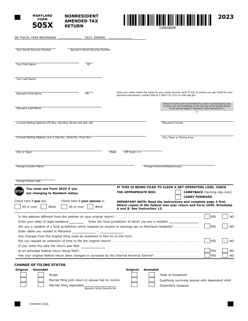 Maryland Form 505X (COM/RAD022A) - 2023 - Fill Out, Sign Online and ...