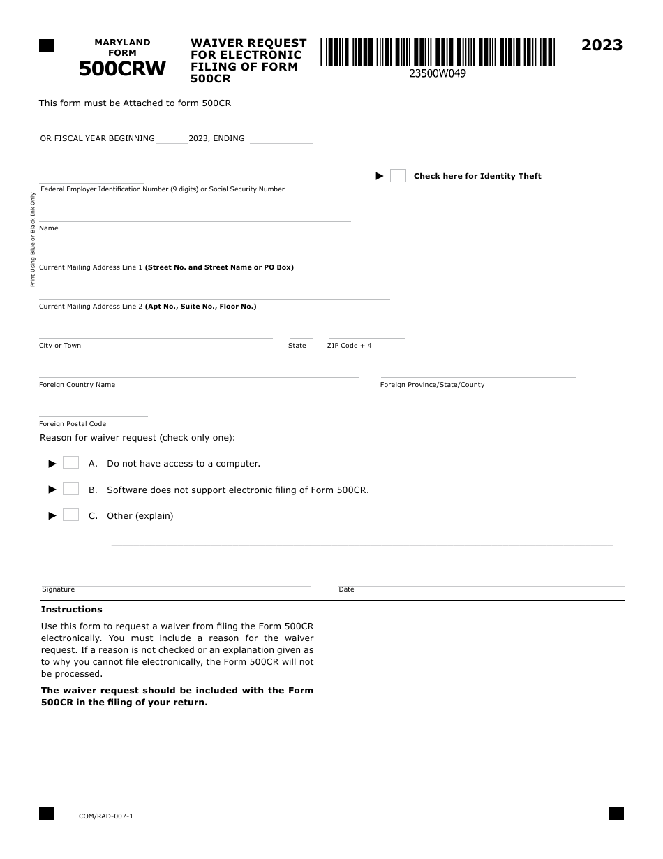 Maryland Form 500CRW (COM/RAD-007) - 2023 - Fill Out, Sign Online and ...