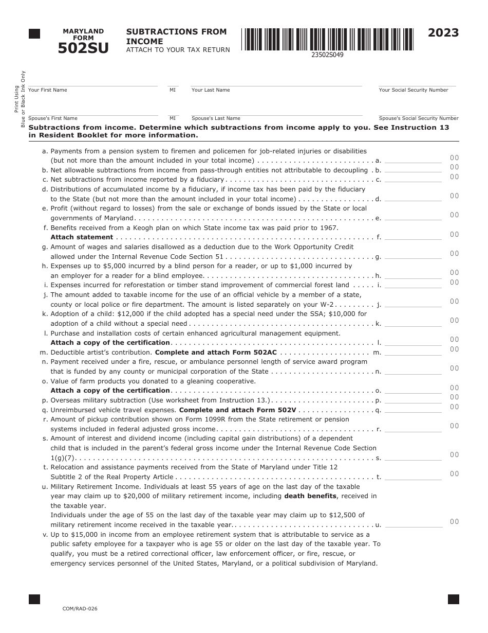Maryland Form 502SU (COM/RAD-026) Download Fillable PDF or Fill Online ...