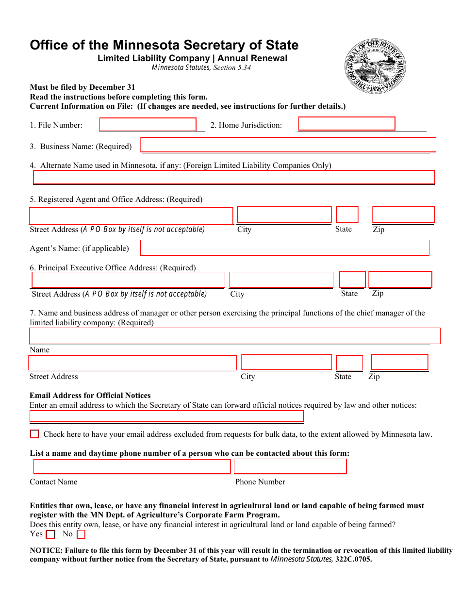 Minnesota Limited Liability Company Annual Renewal Download Fillable ...