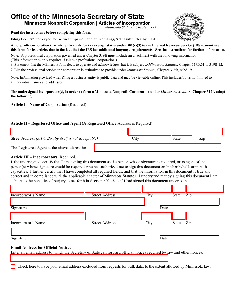 Minnesota Minnesota Nonprofit Corporation Articles of Incorporation ...