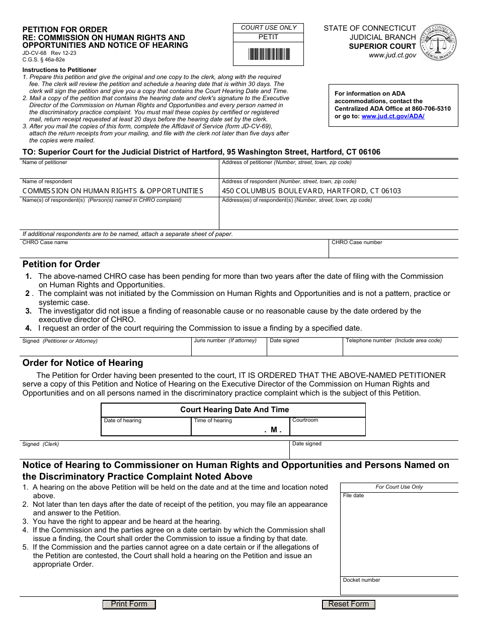 Form JD-CV-68 Download Fillable PDF or Fill Online Petition for Order ...