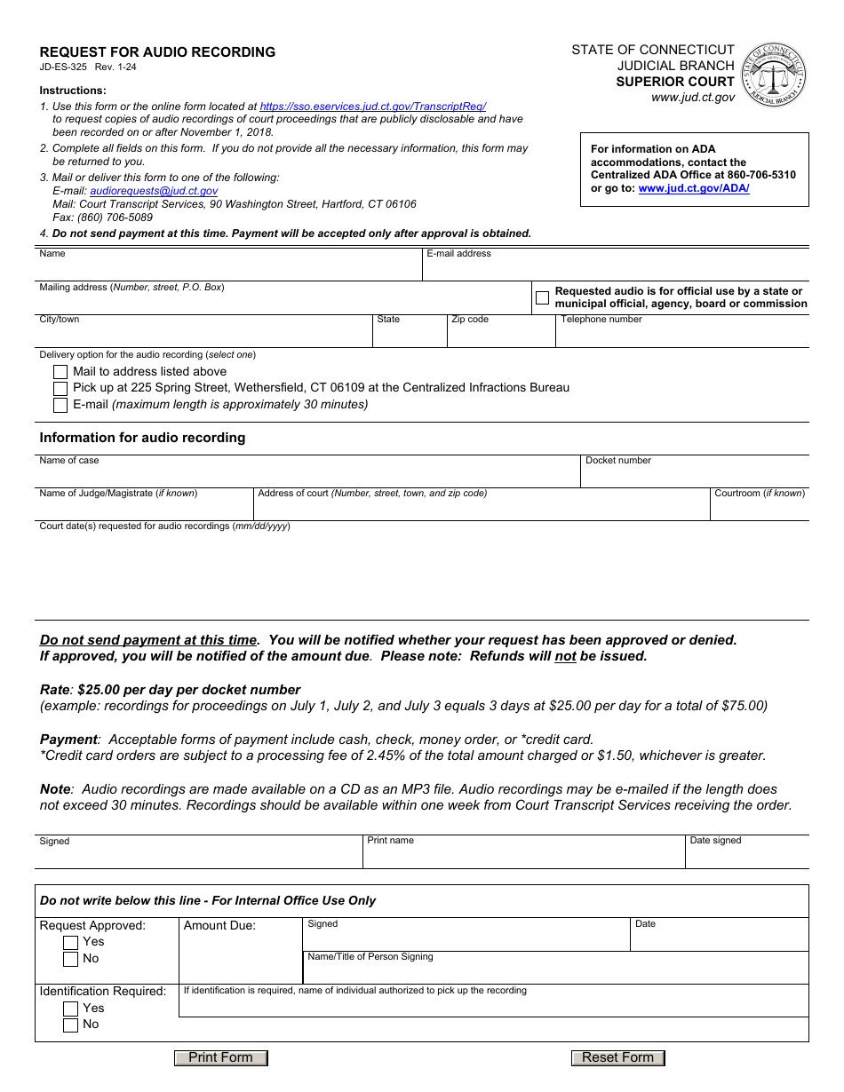 Form JD-ES-325 Download Fillable PDF or Fill Online Request for Audio ...