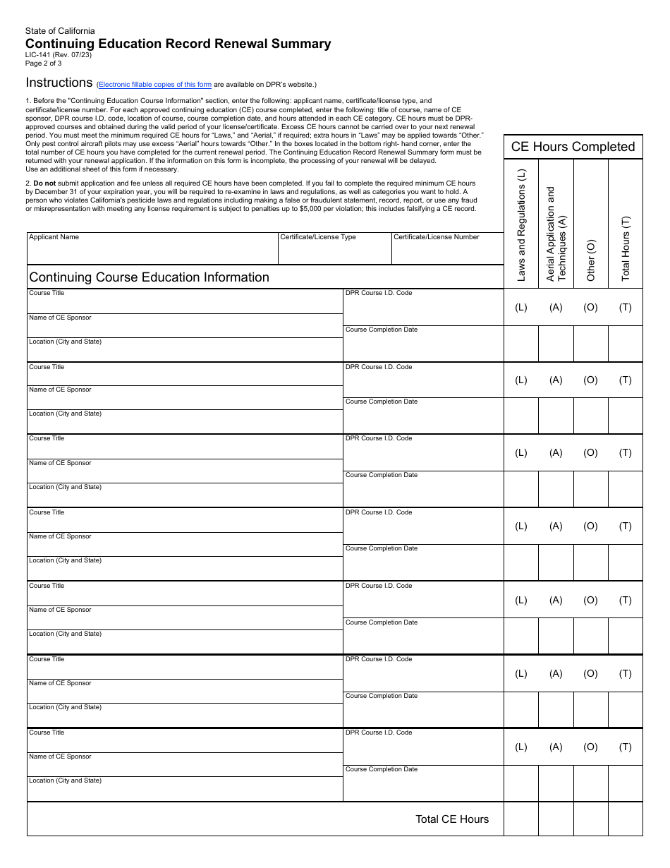Form LIC-141 - Fill Out, Sign Online and Download Fillable PDF ...