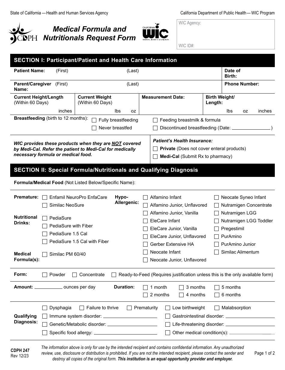 Form CDPH247 Download Fillable PDF or Fill Online Medical Formula and ...