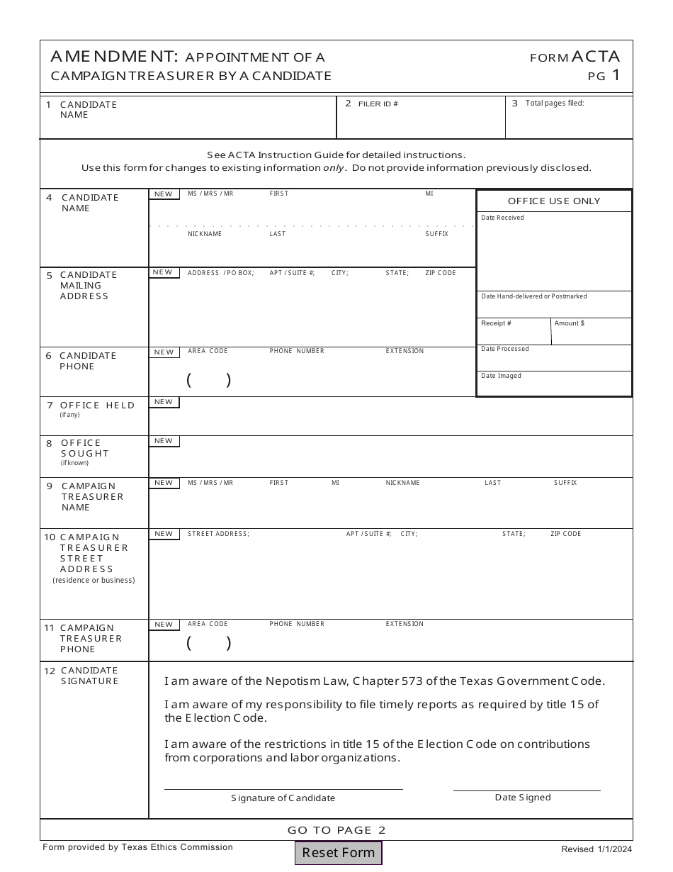 Form ACTA Download Fillable PDF or Fill Online Amendment: Appointment ...