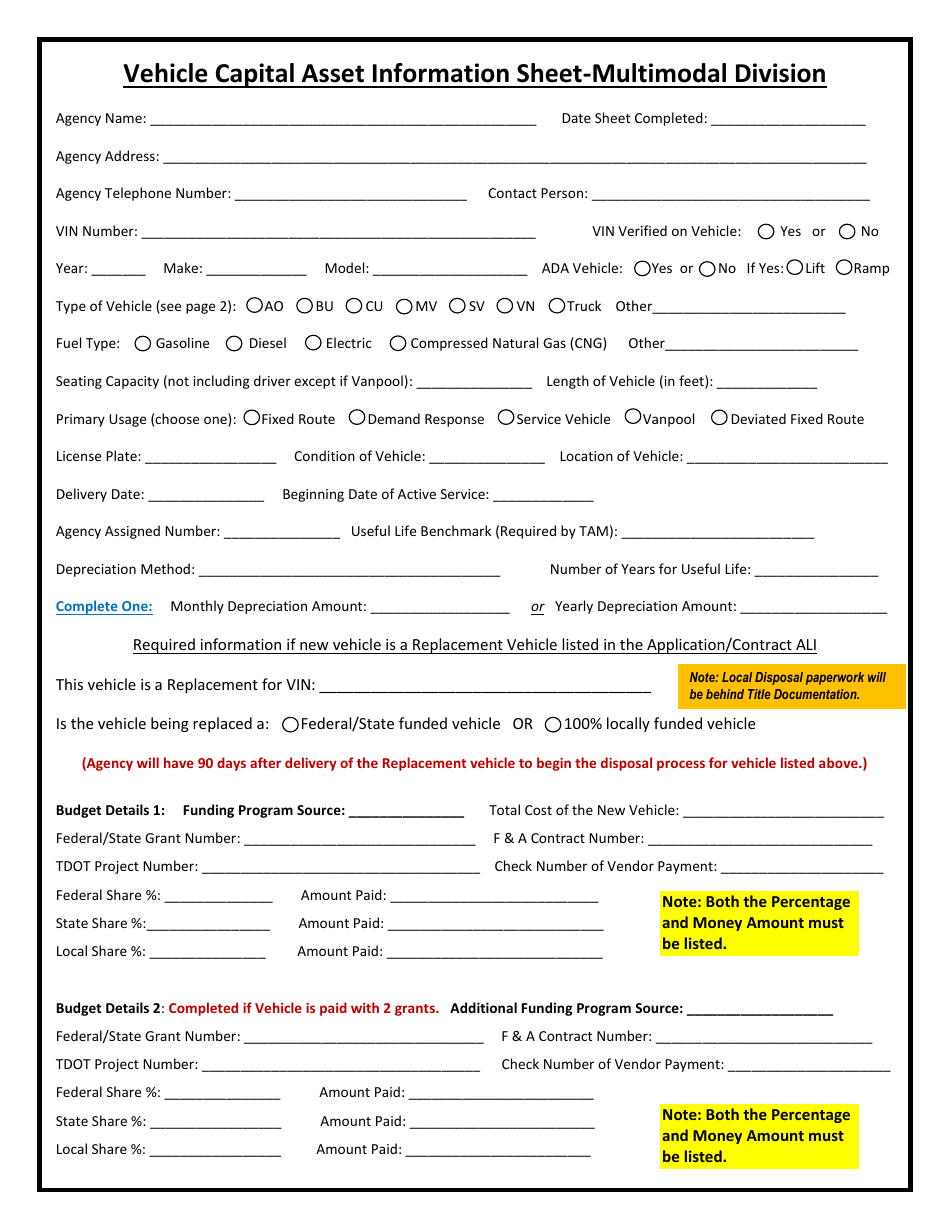Tennessee Vehicle Capital Asset Information Sheet - Multimodal Division ...