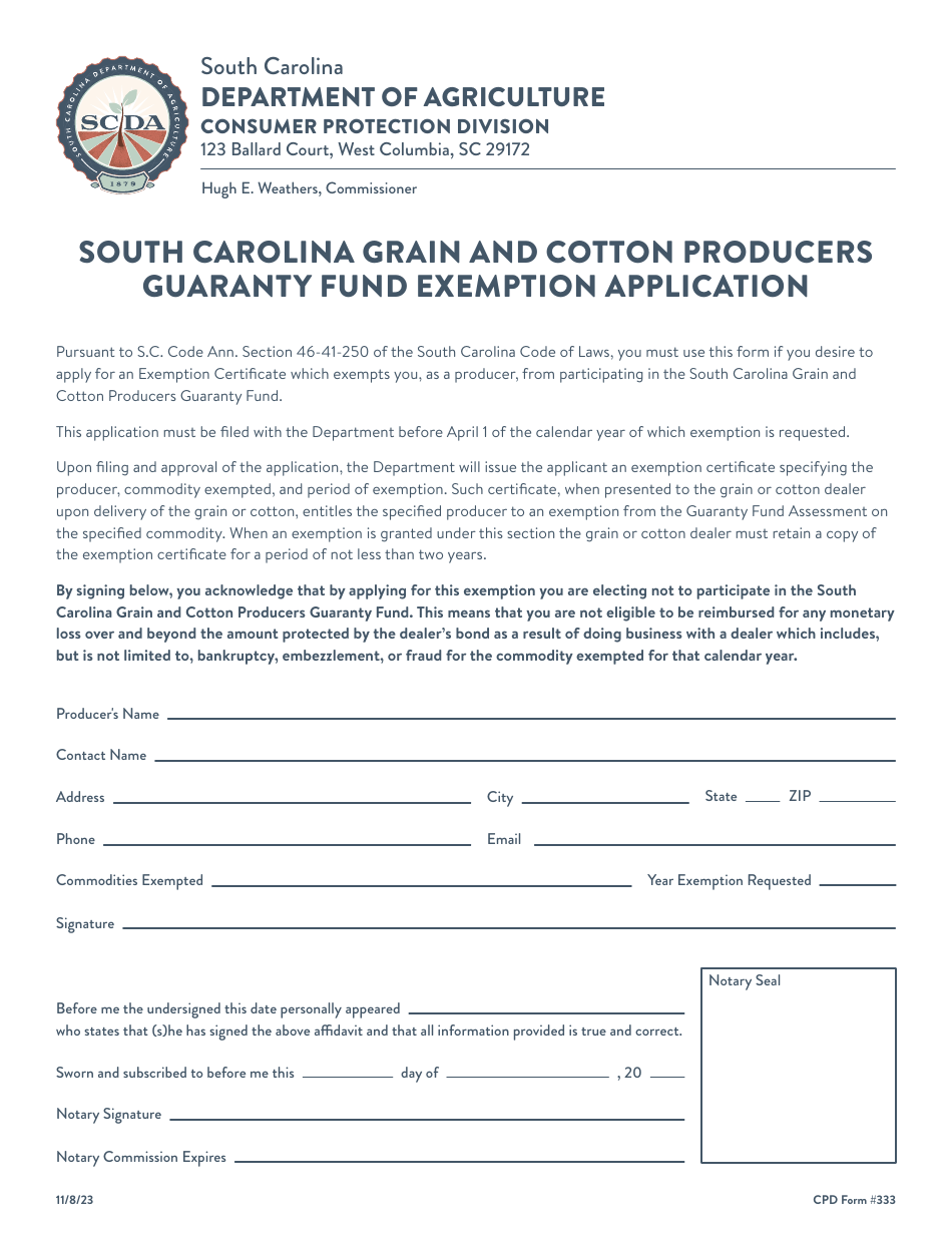 CPD Form 333 Download Fillable PDF or Fill Online South Carolina Grain ...