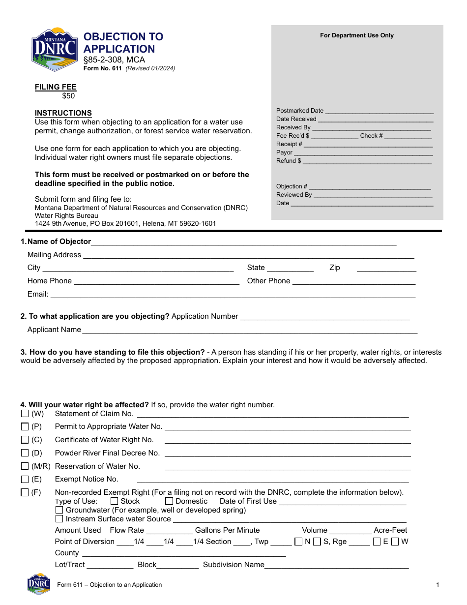 Form 611 Download Fillable PDF or Fill Online Objection to Application ...