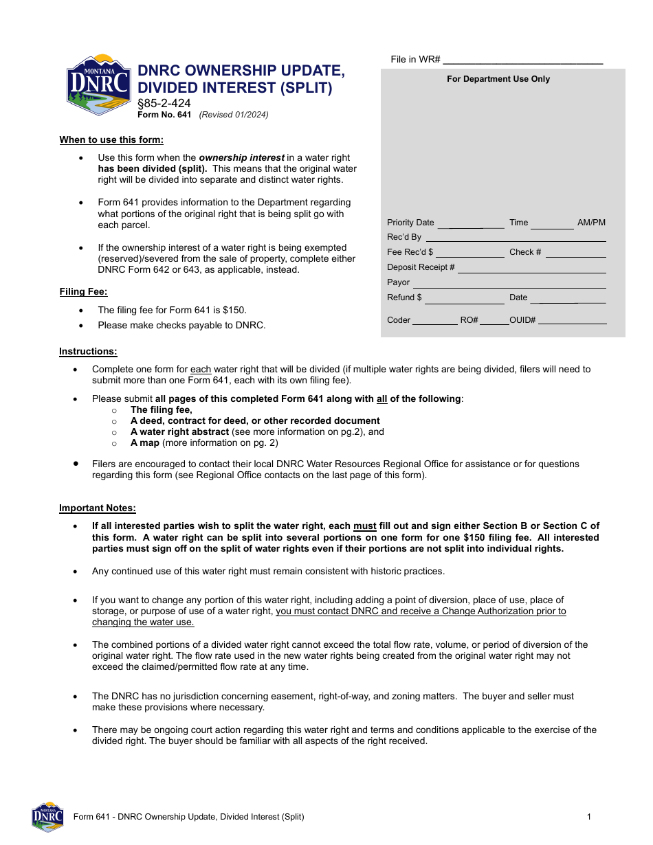 Form 641 Download Fillable PDF or Fill Online Dnrc Ownership Update ...