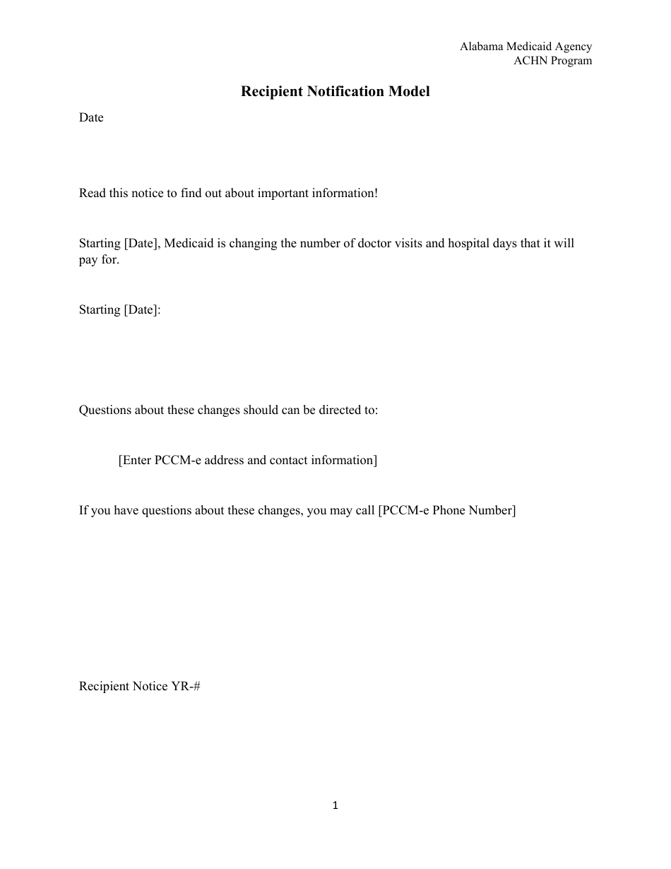 Alabama Recipient Notification Model - Fill Out, Sign Online and Download PDF | Templateroller