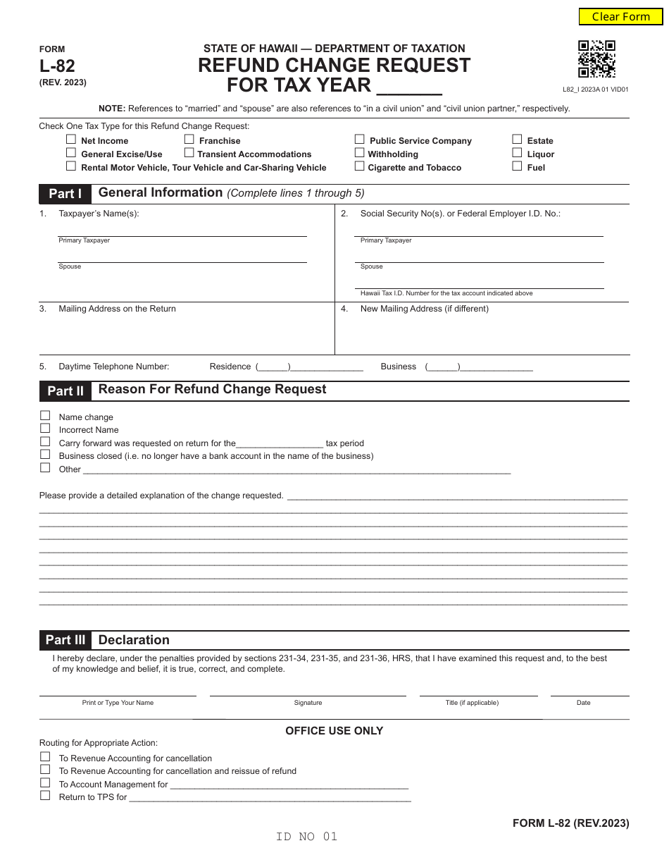 Form L-82 Download Fillable PDF or Fill Online Refund Change Request, Hawaii | Templateroller
