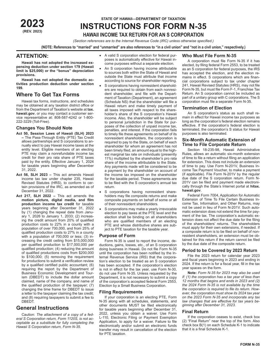 Download Instructions for Form N-35 S Corporation Income Tax Return PDF ...