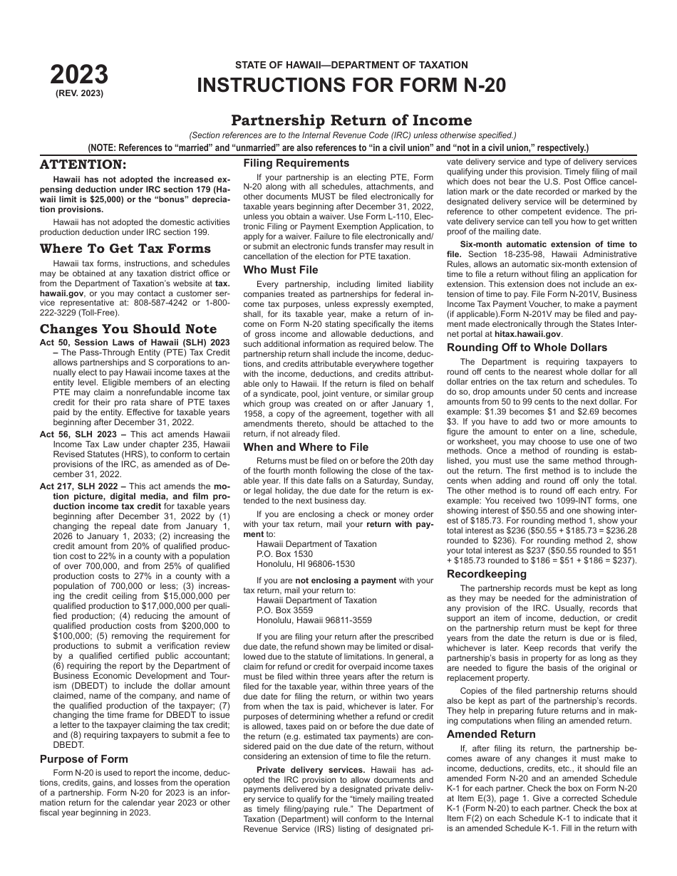 Download Instructions for Form N-20 Partnership Return of Income PDF ...