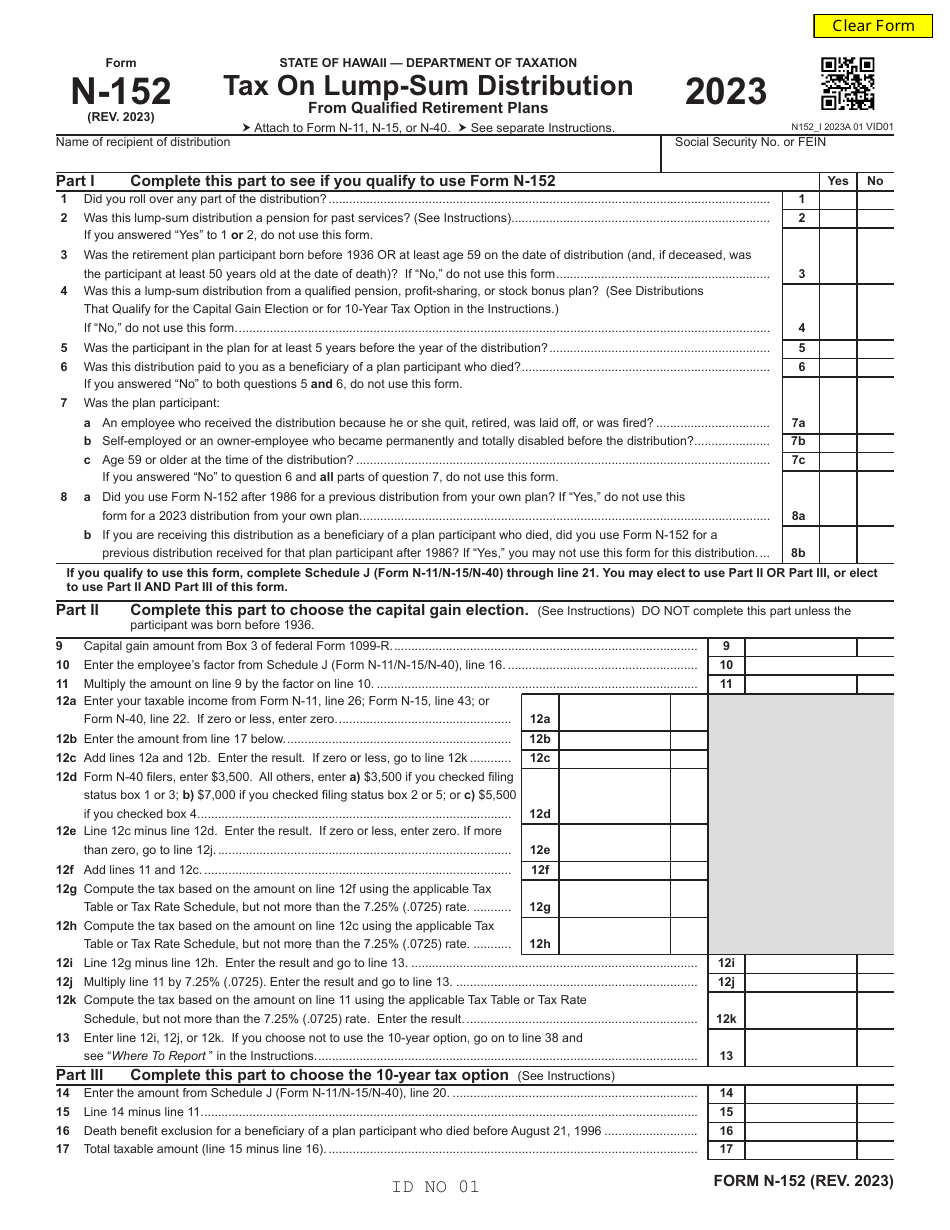 Form N-152 Download Fillable PDF or Fill Online Tax on Lump-Sum ...
