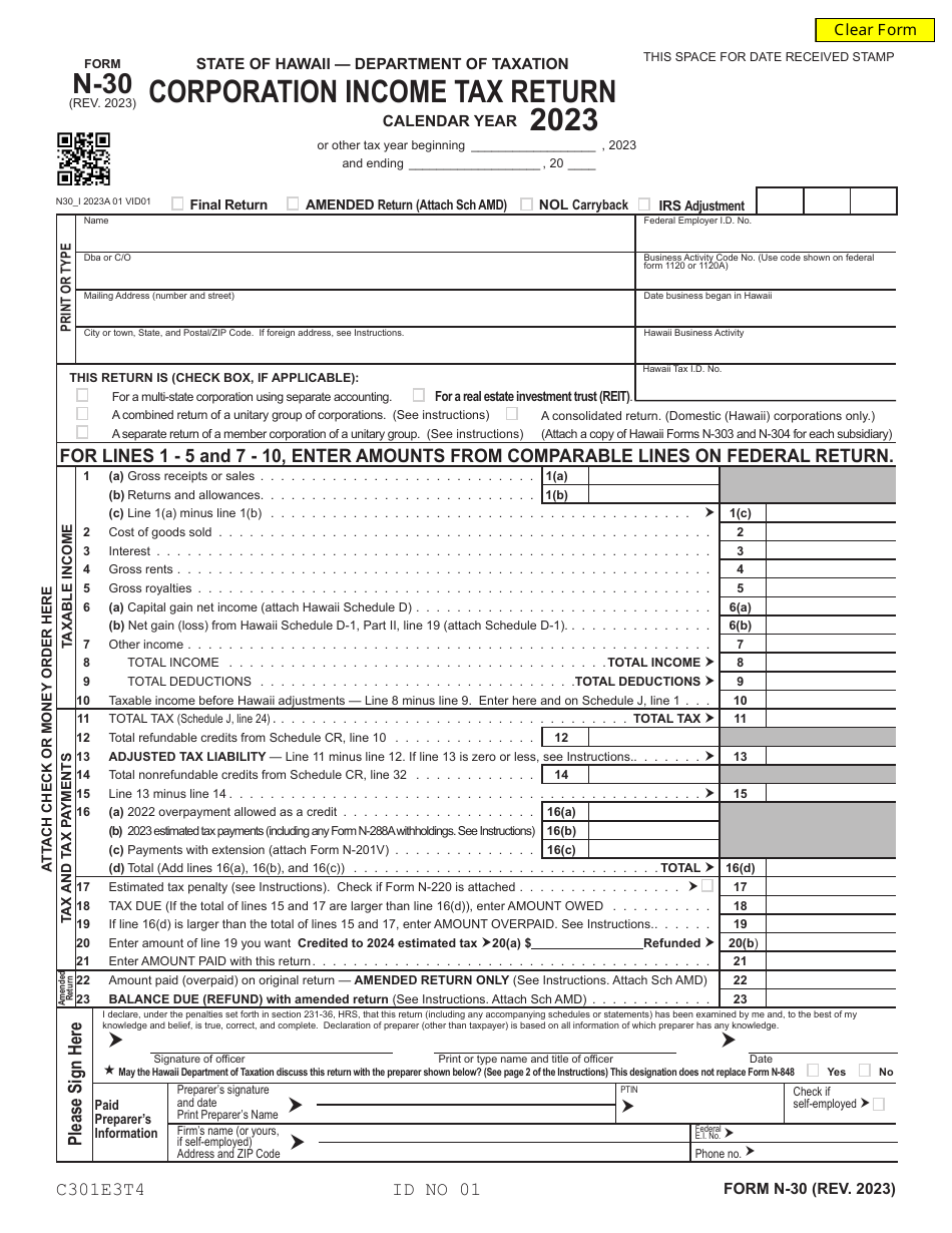 Form N-30 Download Fillable PDF or Fill Online Corporation Income Tax ...