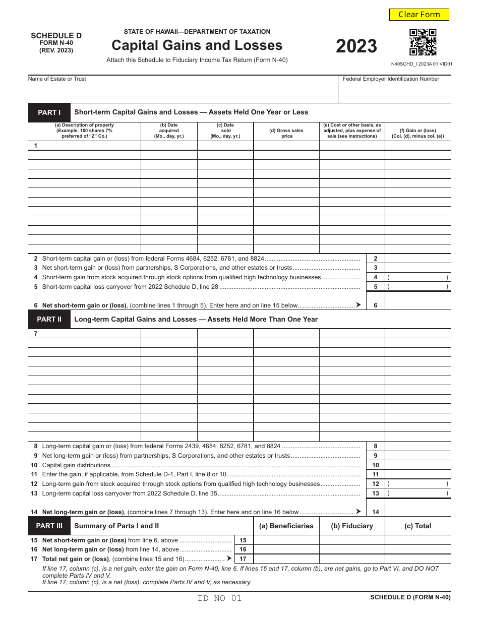 Form N-40 Schedule D Download Fillable PDF or Fill Online Capital Gains and Losses - 2023 ...