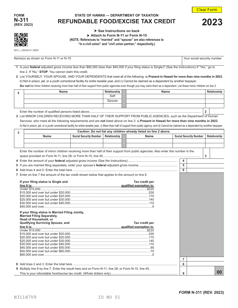 Form N-311 Download Fillable PDF or Fill Online Refundable Food/Excise ...