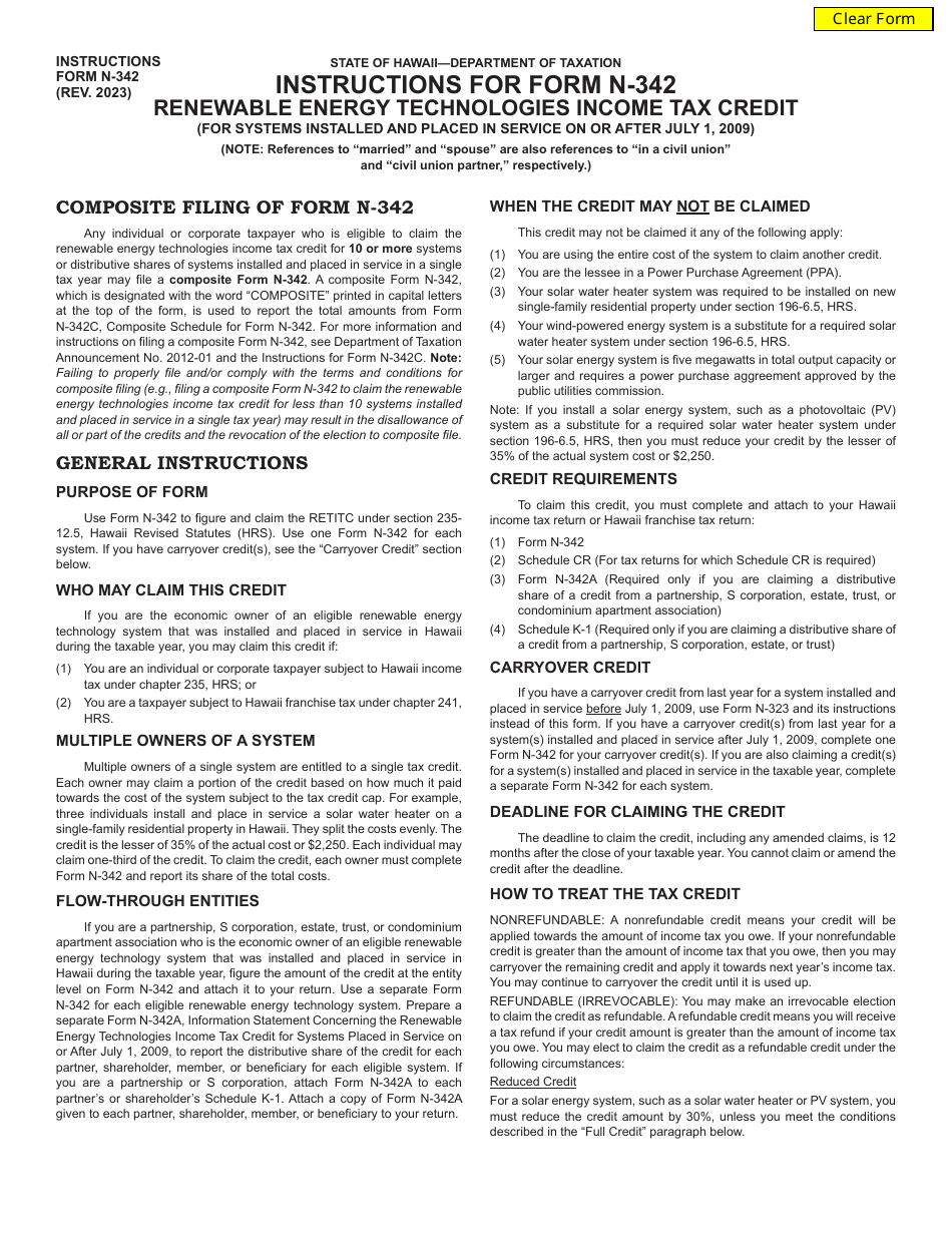 Download Instructions for Form N-342 Renewable Energy Technologies Income Tax Credit (For ...