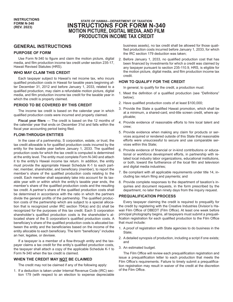 Download Instructions for Form N-340 Motion Picture, Digital Media, and ...